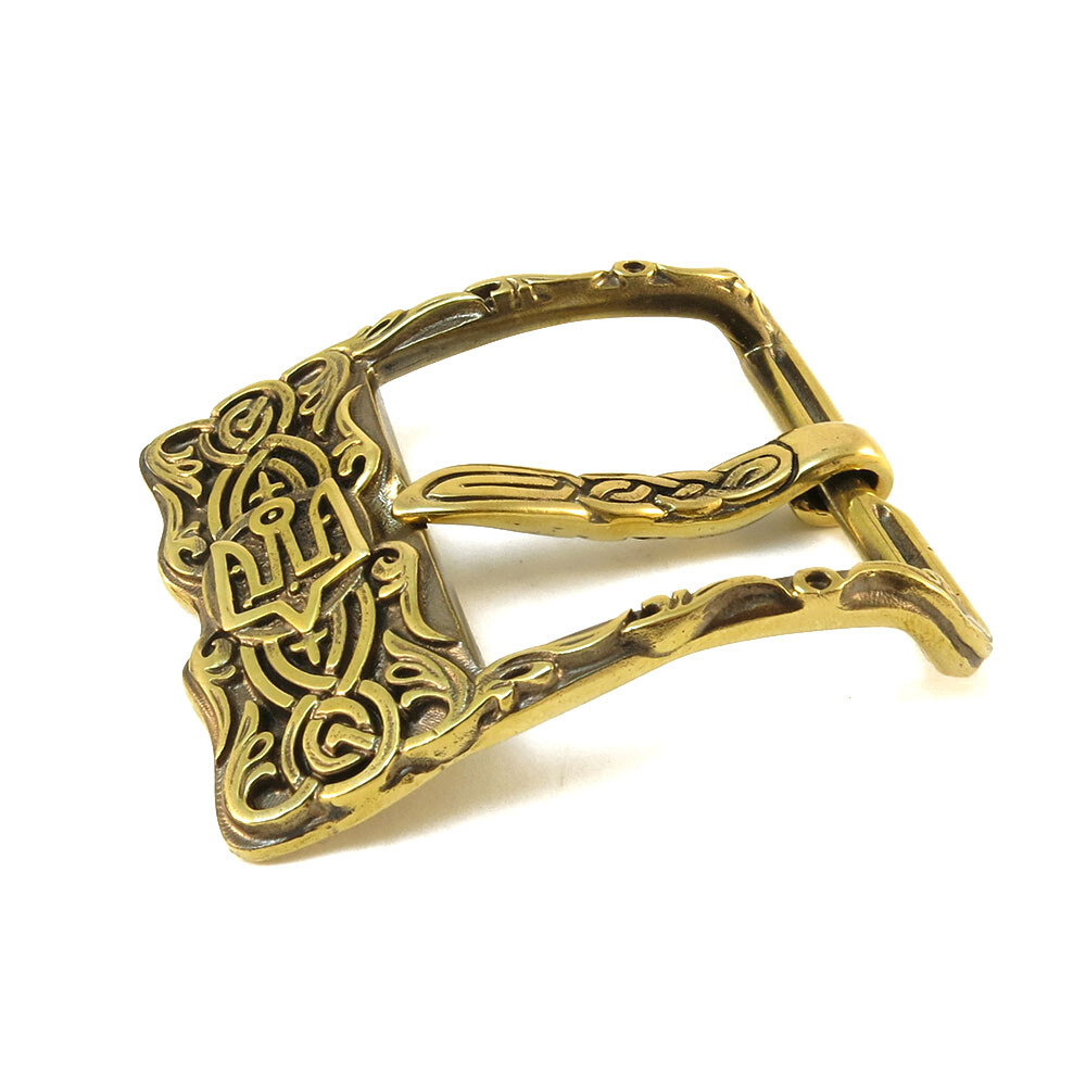 Leather belt with brass buckle Runic, Pin type, frame belt with ...