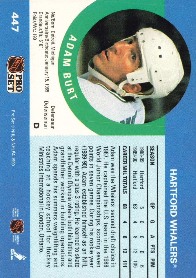 Adam Burt 1990 Pro Set #447 Hartford Whalers RC | eBay