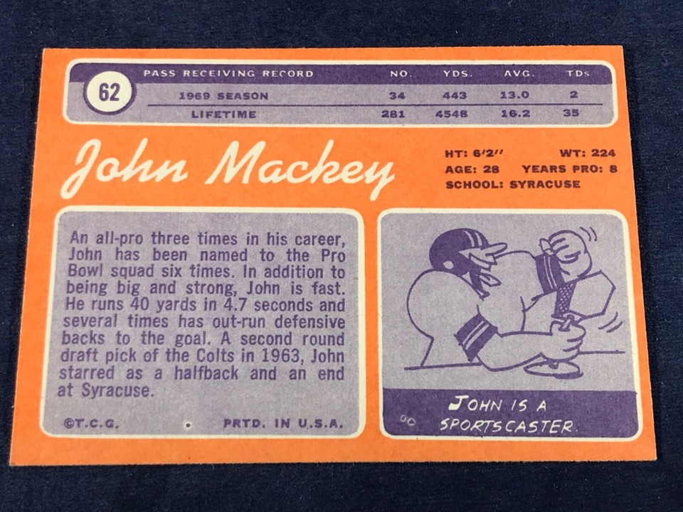H3-46 FOOTBALL CARD - JOHN MACKEY BALTIMORE COLTS - CARD #62 - 1970 ...