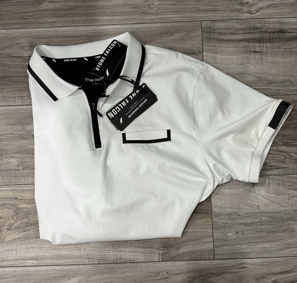 NWT Men’s Stone Falcon White & Black Polo Golf Casual Activewear 1/4 ...
