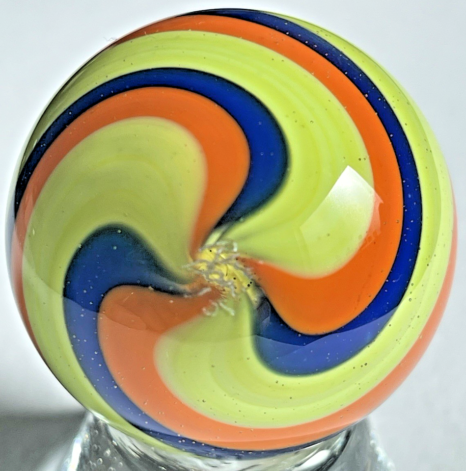 2015 RICK DAVIS MARBLE SIGNED HANDMADE GLASS ART 1.51" ORANGE BLUE ...