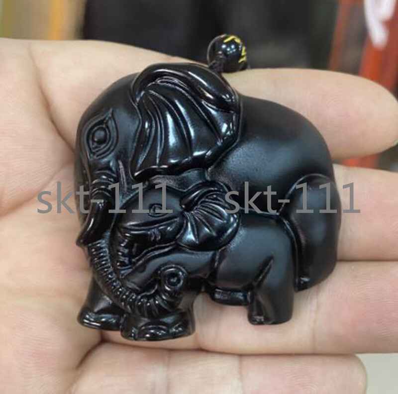 Crystal Natural black Obsidian elephant Necklace pendant bead with ...