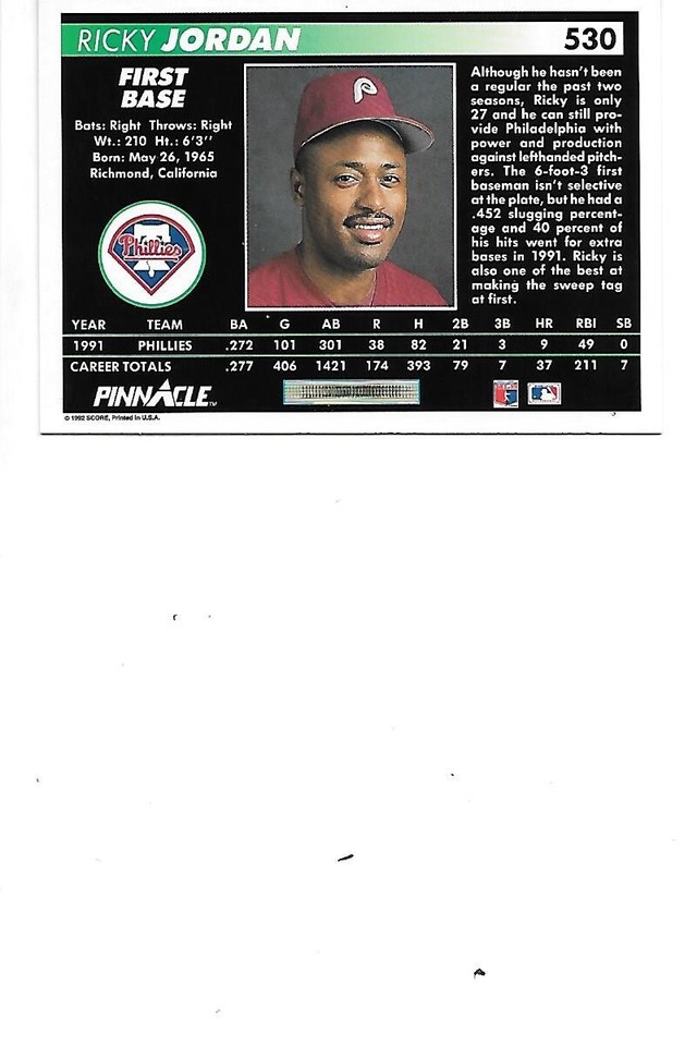 Ricky Jordan 1992 Pinnacle Baseball Card #530 Philadelphia Phillies | eBay