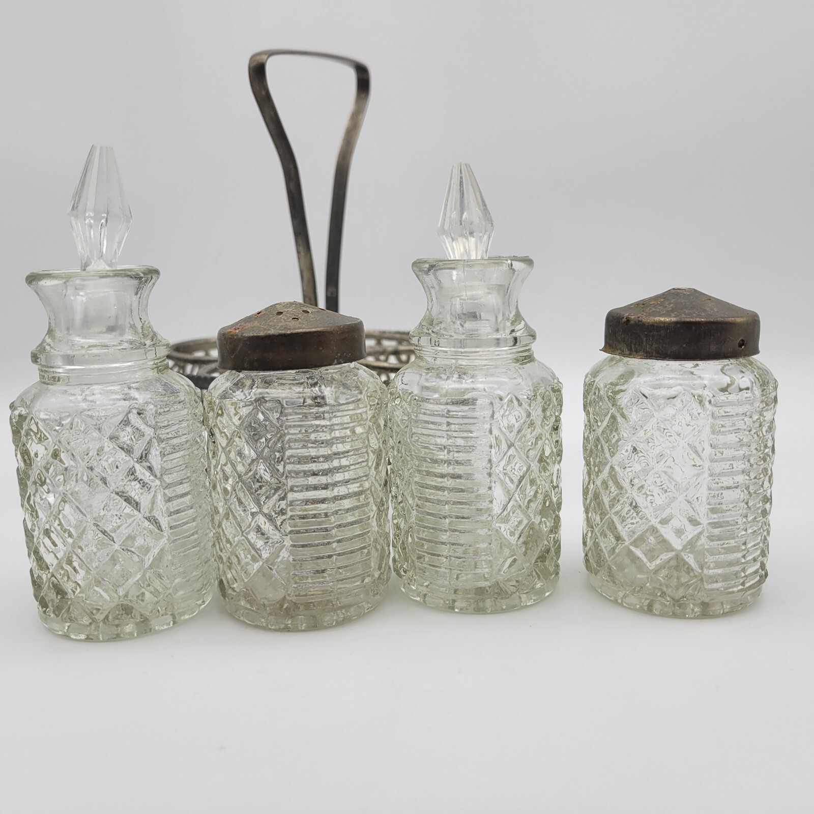 Vtg Clear Glass Cruet Set Salt Pepper Oil Vinegar Silver Holder ...