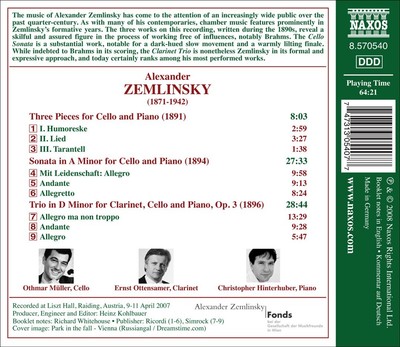 ZEMLINSKY: CELLO SONATA; THREE PIECES FOR CELLO AND PIANO; TRIO FOR ...