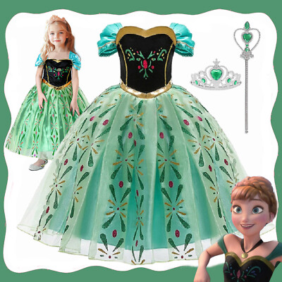 Girls Anna Princess Green Costume Cosplay Fancy Dress Up Outfit ...
