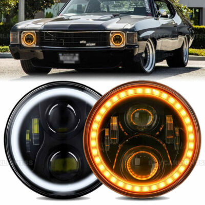 Pair 7'' Inch LED Round Headlights DRL Turn Signal For Chevy Chevelle ...