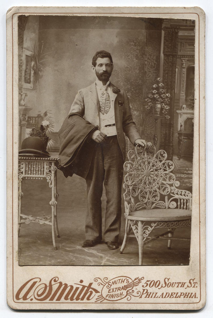 CABINET CARD MAN STANDING IN ORNATE STUDIO PAINTED BACKGROUND ...
