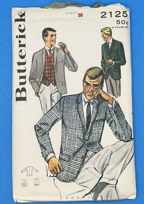 Mens Sports Coat Jacket Vest Pattern Butterick 2125 1963 VTG Mad Men ...