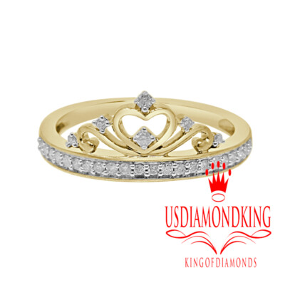 Ladies 10k Yellow Gold .15ct Natural Real Diamond Princess Crown Ring ...