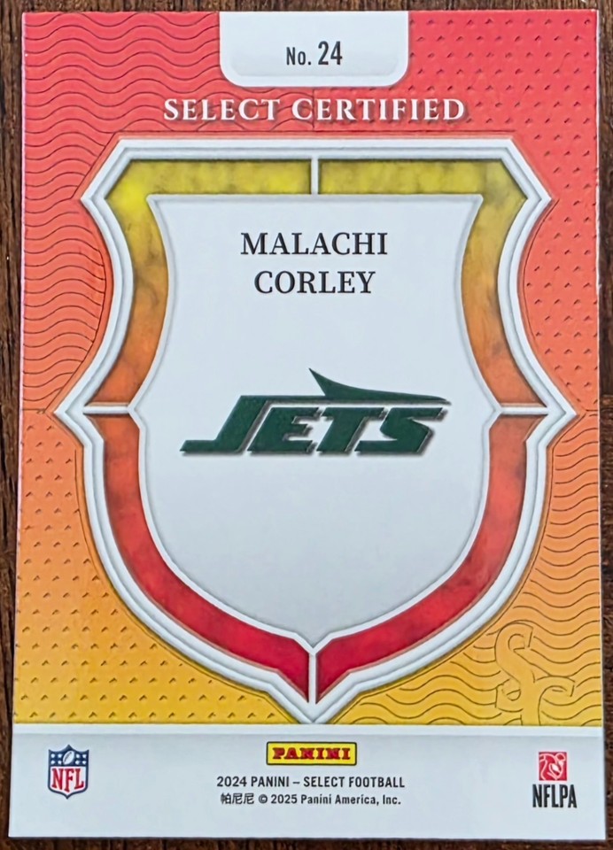 2024 PANINI SELECT MALACHI CORLEY NEW YORK JETS CERTIFIED ROOKIE CARD ...