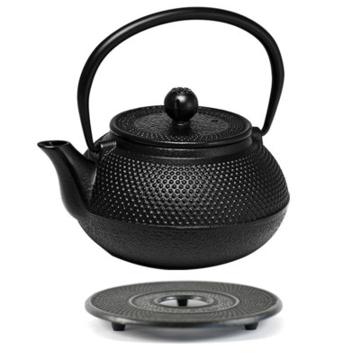 AVANTI Hobnail Cast Iron Tea Pot 600ml Black BONUS TRIVET & STRAINER ...