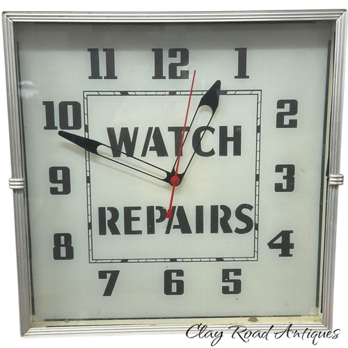 antique art deco lighted watch repair wall clock glass works old shop ...