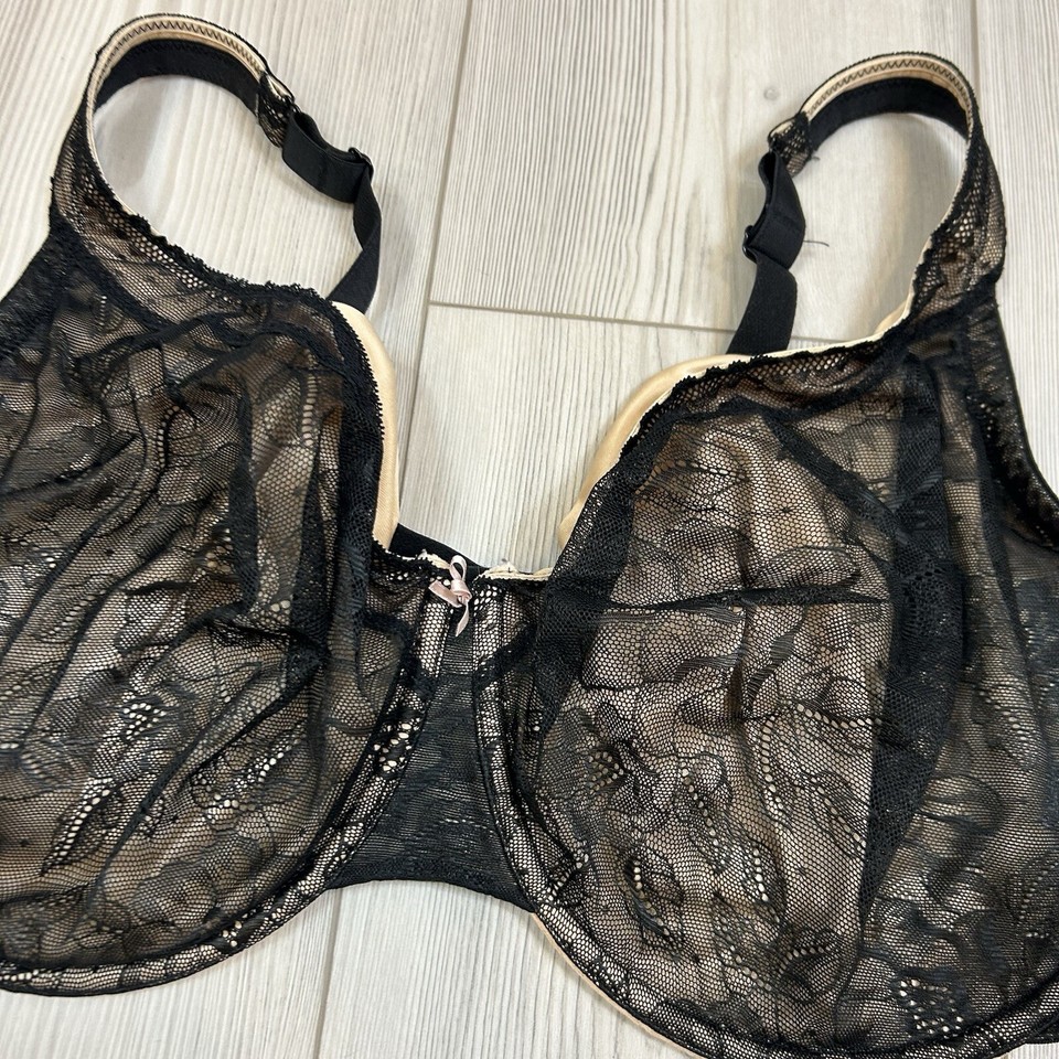 Cacique 50DD Bra Black Unlined Full Coverage Underwire Floral Lace Back ...