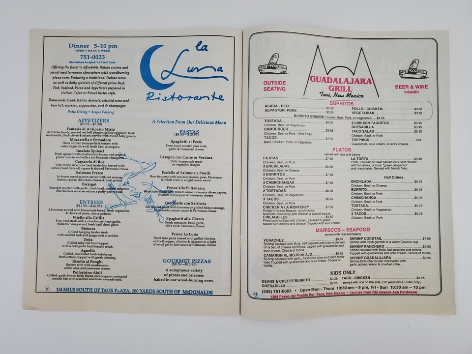 1997 Taos New Mexico Menus Restaurant Guide Vintage Tourist Travel ...