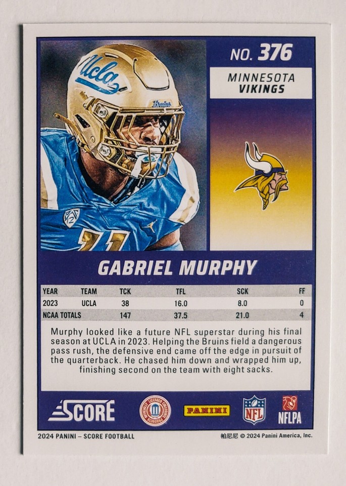 GABRIEL MURPHY 2024 Panini Score Football Green Rookie #376 Minnesota Vikings | eBay