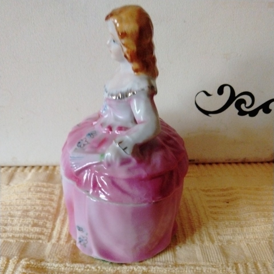 VINTAGE POWDER JAR Porcelain Lady In Full pink Dress W/ Fan Trinket Box ...