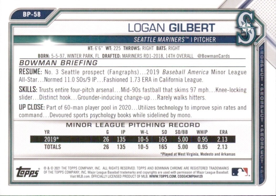 2021 BOWMAN PROSPECTS LOGAN GILBERT SEATTLE MARINERS #BP-58 | eBay