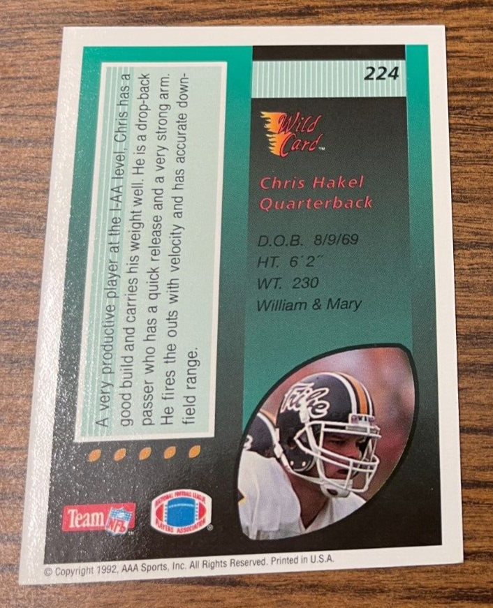 1992 Wild Card # 224 Chris Hakel - Washington Redskins | eBay