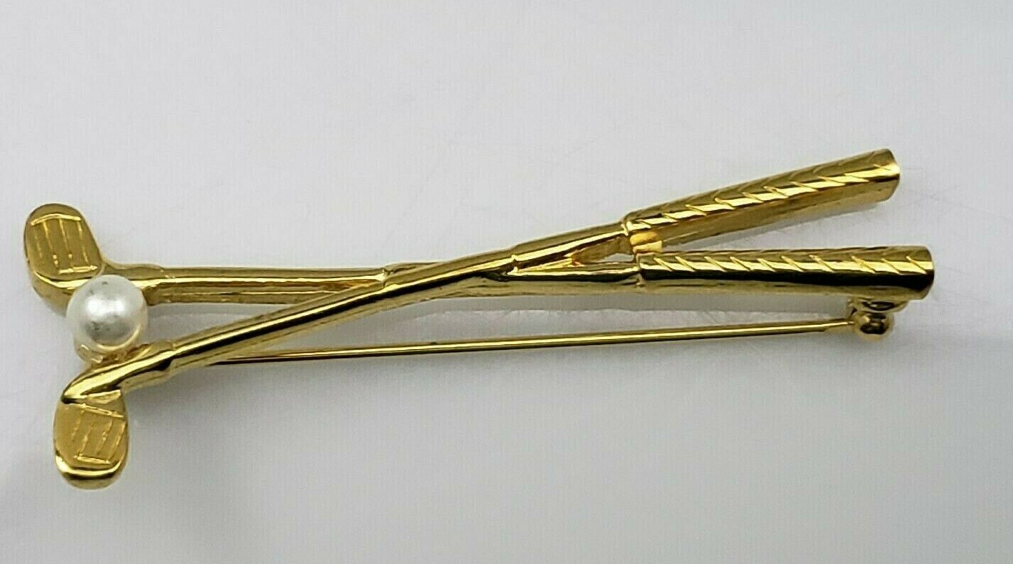 Golf Ball and Putter Clubs Brooch Pin Gold Tone Faux Pearl Golfing ...