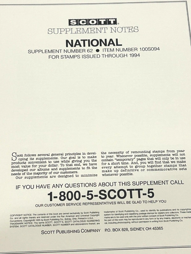 NOS Scott National Supplement #62 pages - 1994 Coil, Duck, Booklet, no ...