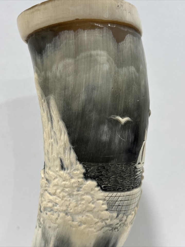 POWDER HORN DISPLAY CARVED POWDER HORN SCRIMSHAW FOLK ART SAILING ...