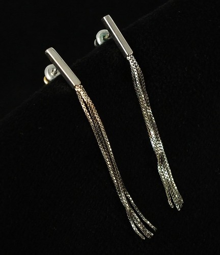 .375 9ct WHITE GOLD Column Bar Box Chain Tassel Sautoir Earrings, 1.58g ...