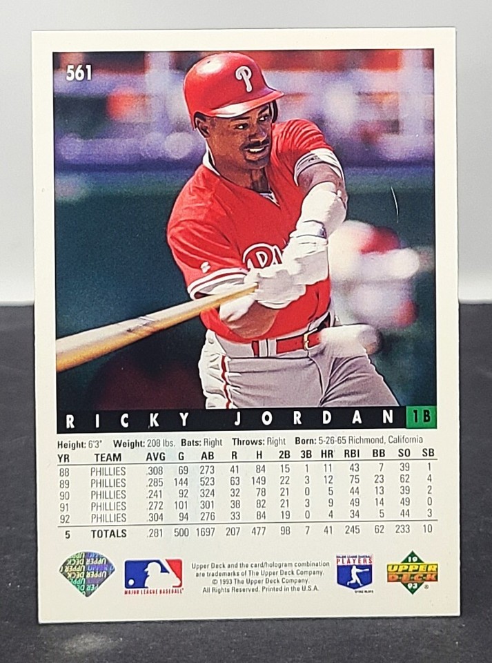 RICKY JORDAN Signed 1993 Upper Deck Baseball Card #561 Philadelphia ...