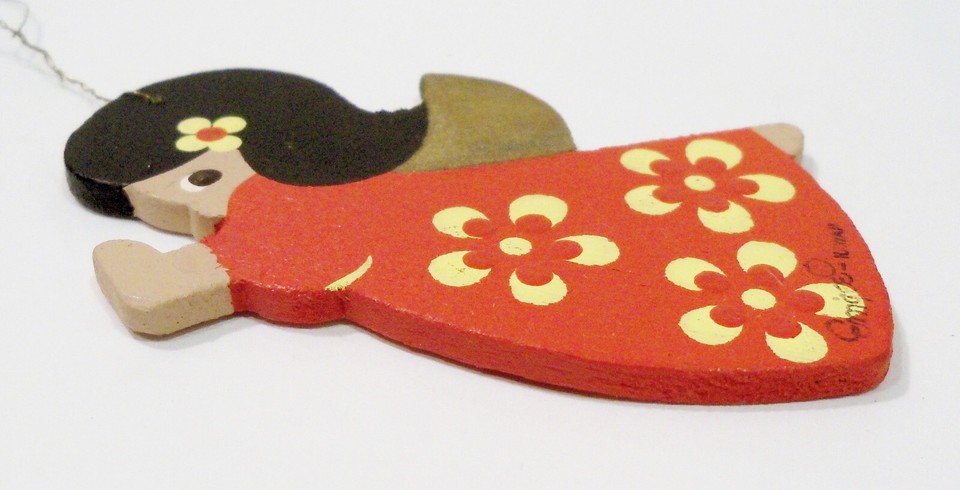 Emgee Hawaii Red Muumuu Angel Girl Wooden Wood TLC Missing Lei Vintage ...