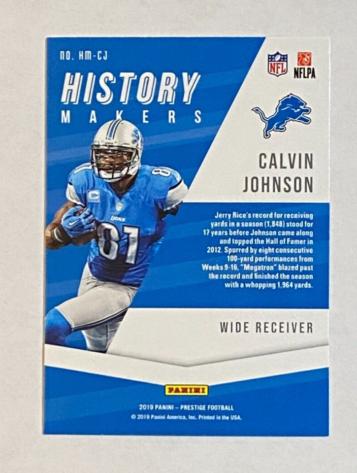 2019 Panini Prestige History Makers #HM-CJ Calvin Johnson Detroit Lions ...