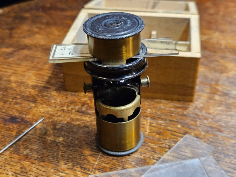 Antique Brass Field Microscope In Case With Slides And Paperwork | eBay UK