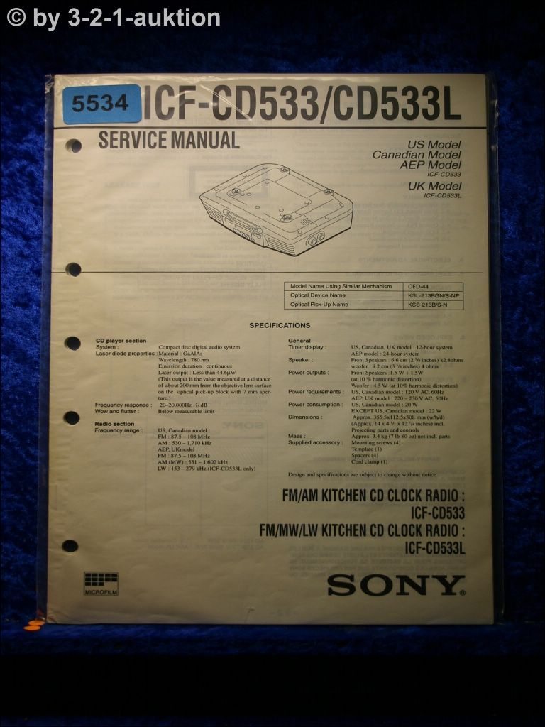 Sony Service Manual ICF CD533 /CD533L Clock Radio (#5534) | eBay