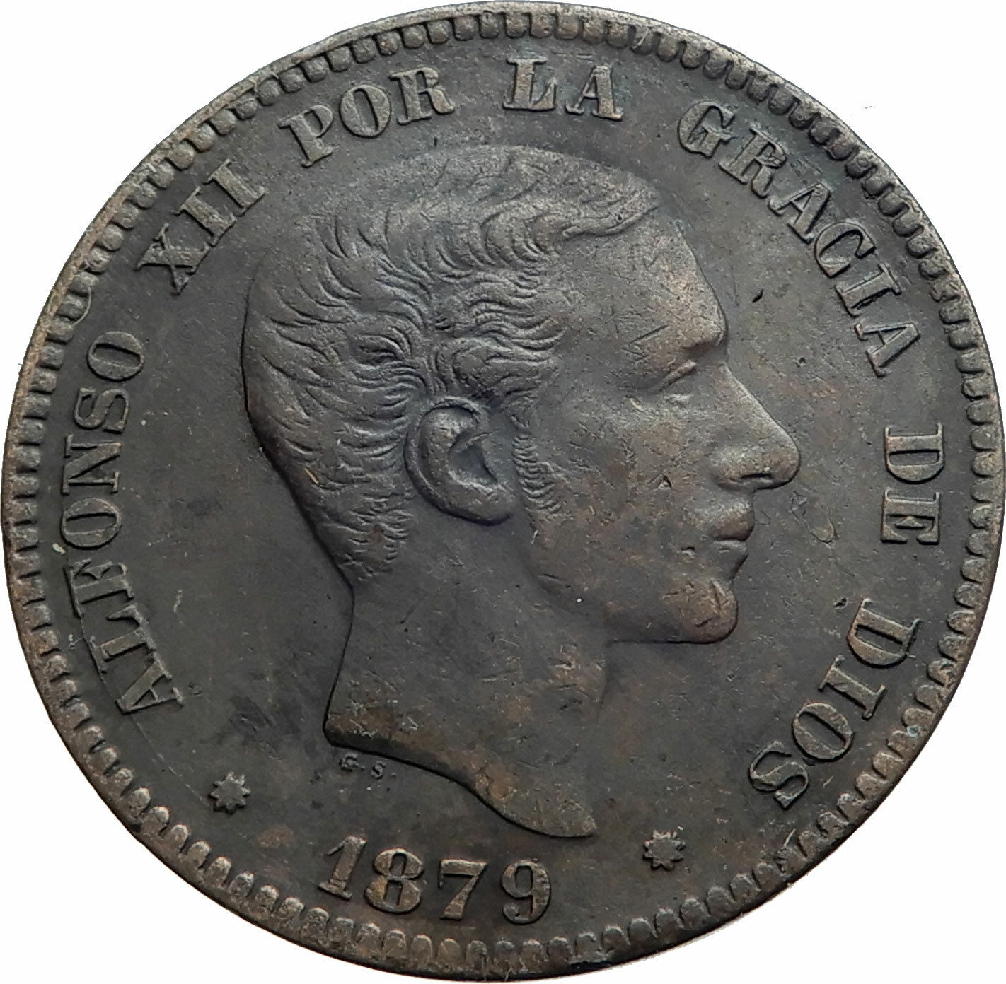 1879 SPAIN w King ALFONSO XII Genuine Antique 10 Centimos SPANISH Coin ...