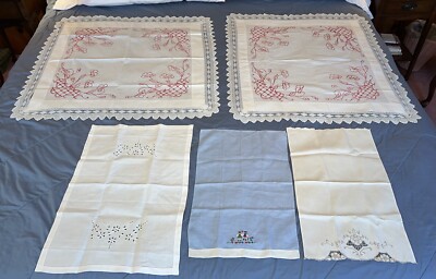5 linen pieces: 3 small dresser/table scarves, 2 identical medium ...