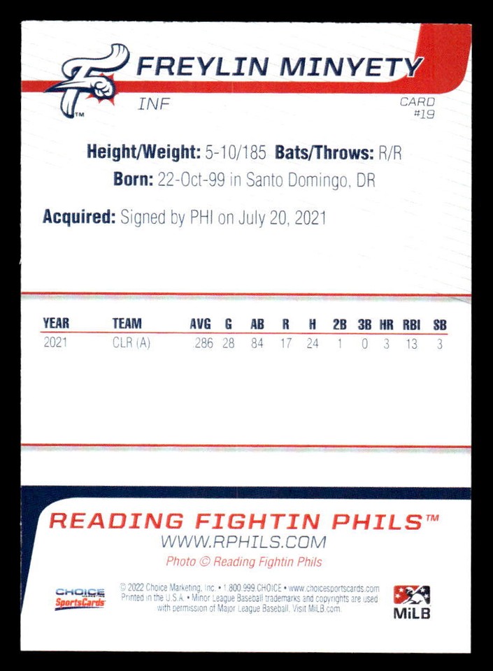 Freylin Minyety 2022 Choice Reading Fightin Phils #19 Reading Fightin ...