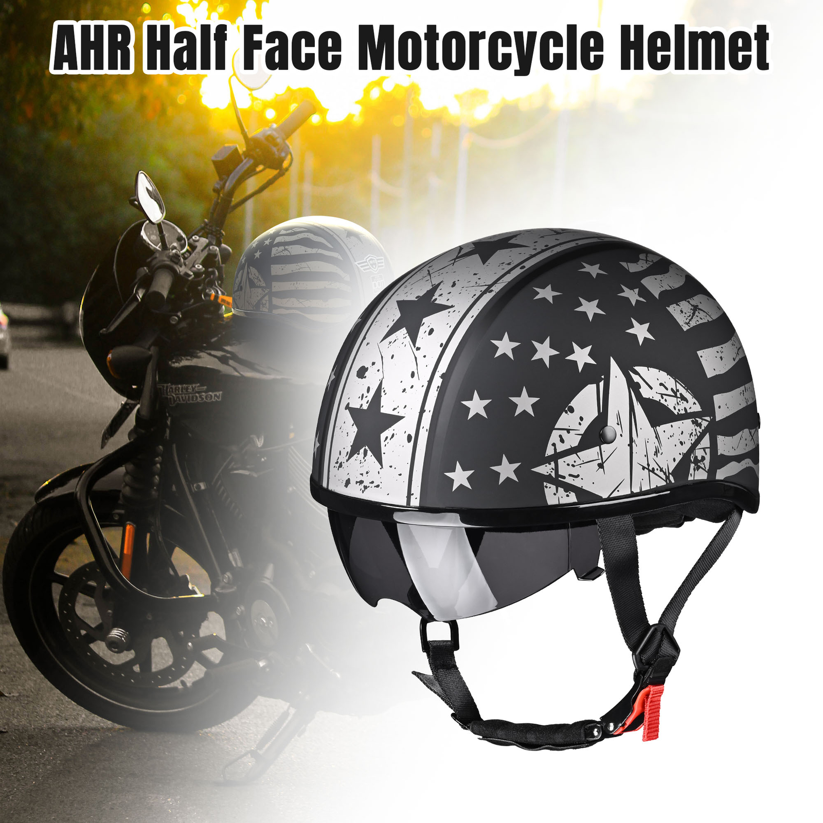 AHR Half Face Motorcycle Helmet Sun Visor DOT Approved Bike Chopper ...