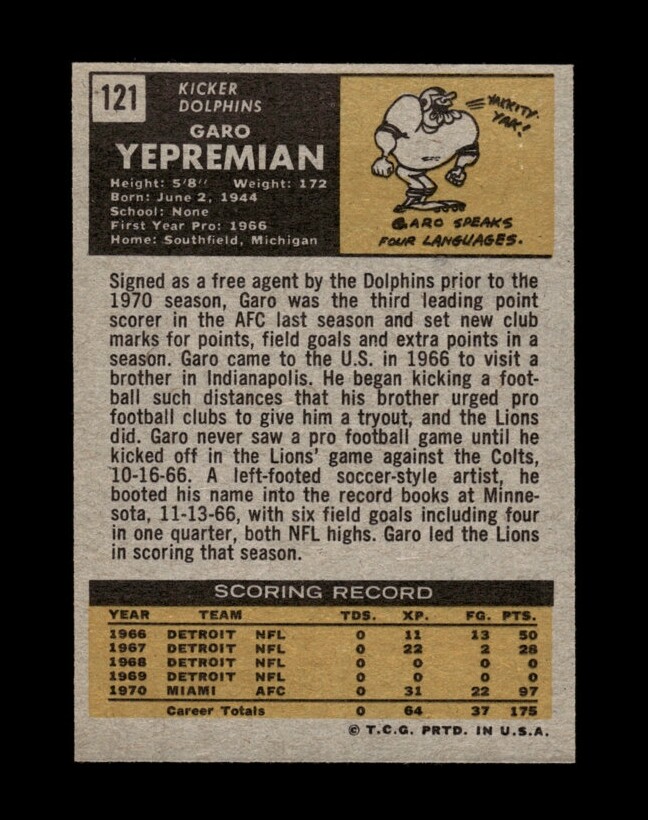 1971 Topps Set-Break #121 Garo Yepremian RC NR-MINT *GMCARDS* | eBay