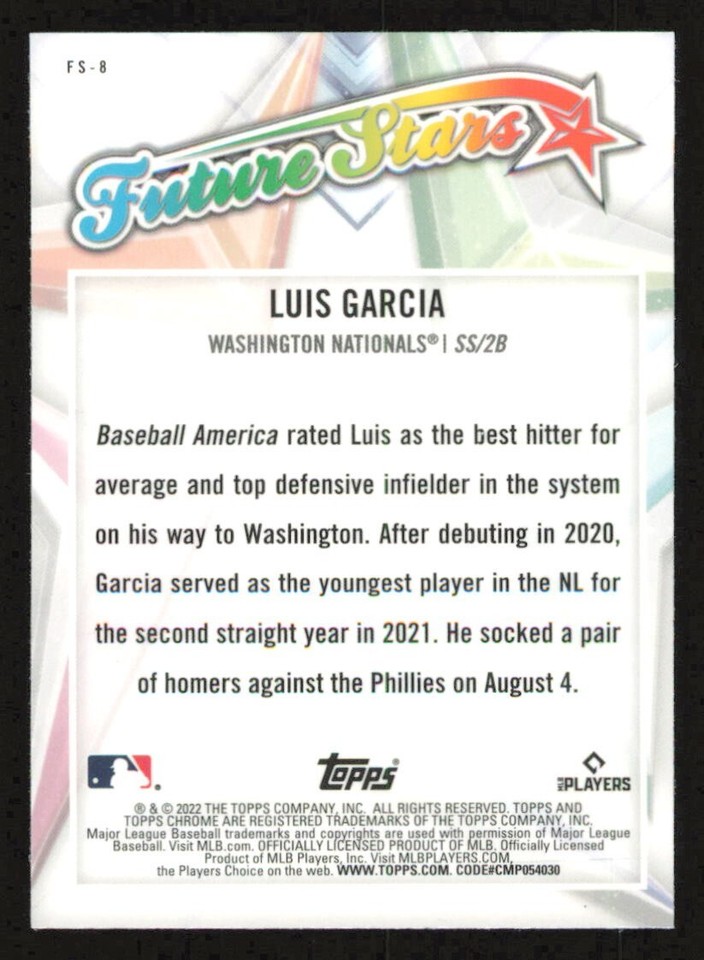 2022 Topps Chrome LUIS GARCIA Future Stars Baseball card WASHINGTON ...