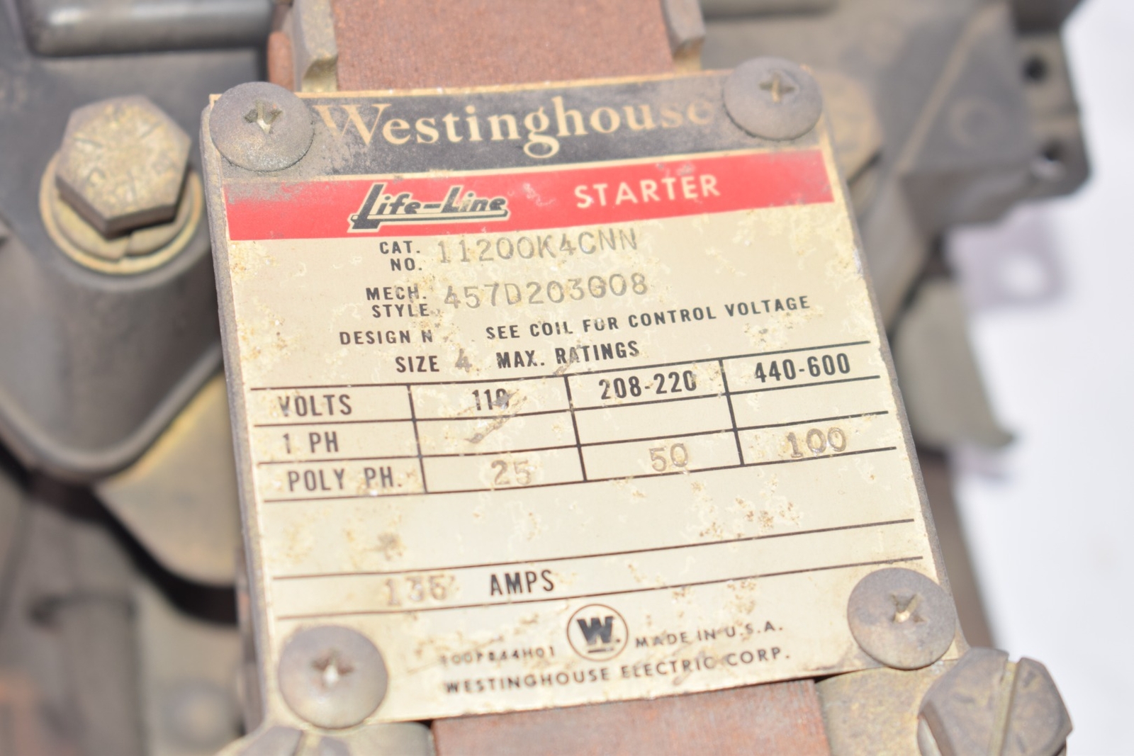 Westinghouse Size 4 Motor Starter 220vac Coil 11200K4CNN PNW for sale ...