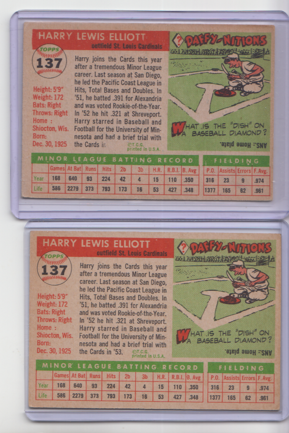 1955 TOPPS #137 HARRY ELLIOTT VARIATION CARDS ~ EXTREMELY TOUGH CARD ...