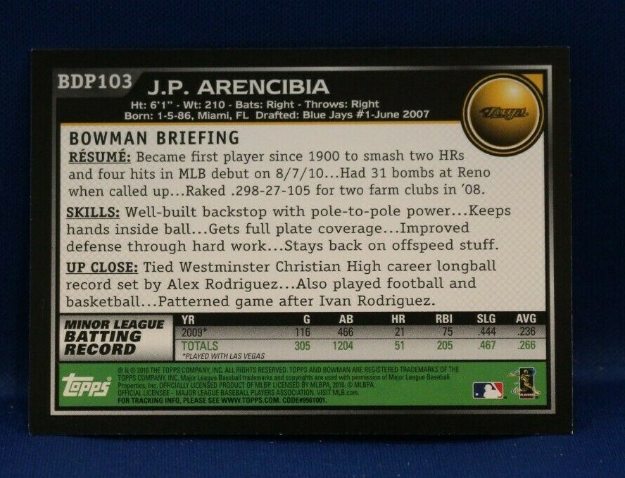 2010 (Blue Jays) Bowman Draft J.P. Arencibia Baseball card #BDP103 | eBay
