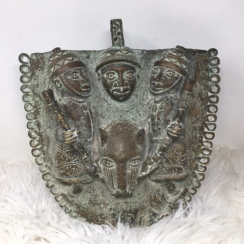 African Tribal Art Benin Bronze Plaque Wall Hunters Leopard 15”x14 ...