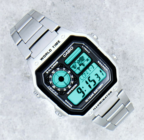 Casio Royale Watch with TURQUOISE Screen Mod, World-time ( AE-1200WHD ...