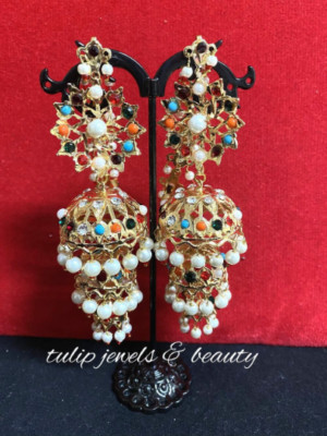 Gold plated indian big size Hyderabadi Karan phool triple step jhumki ...