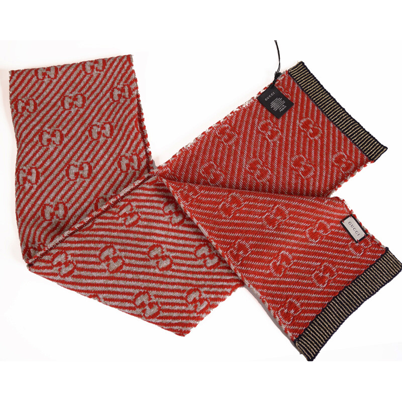 NEW $415 GUCCI Red and Gold GG Stripe JACQUARD Wool Long Fall Winter ...