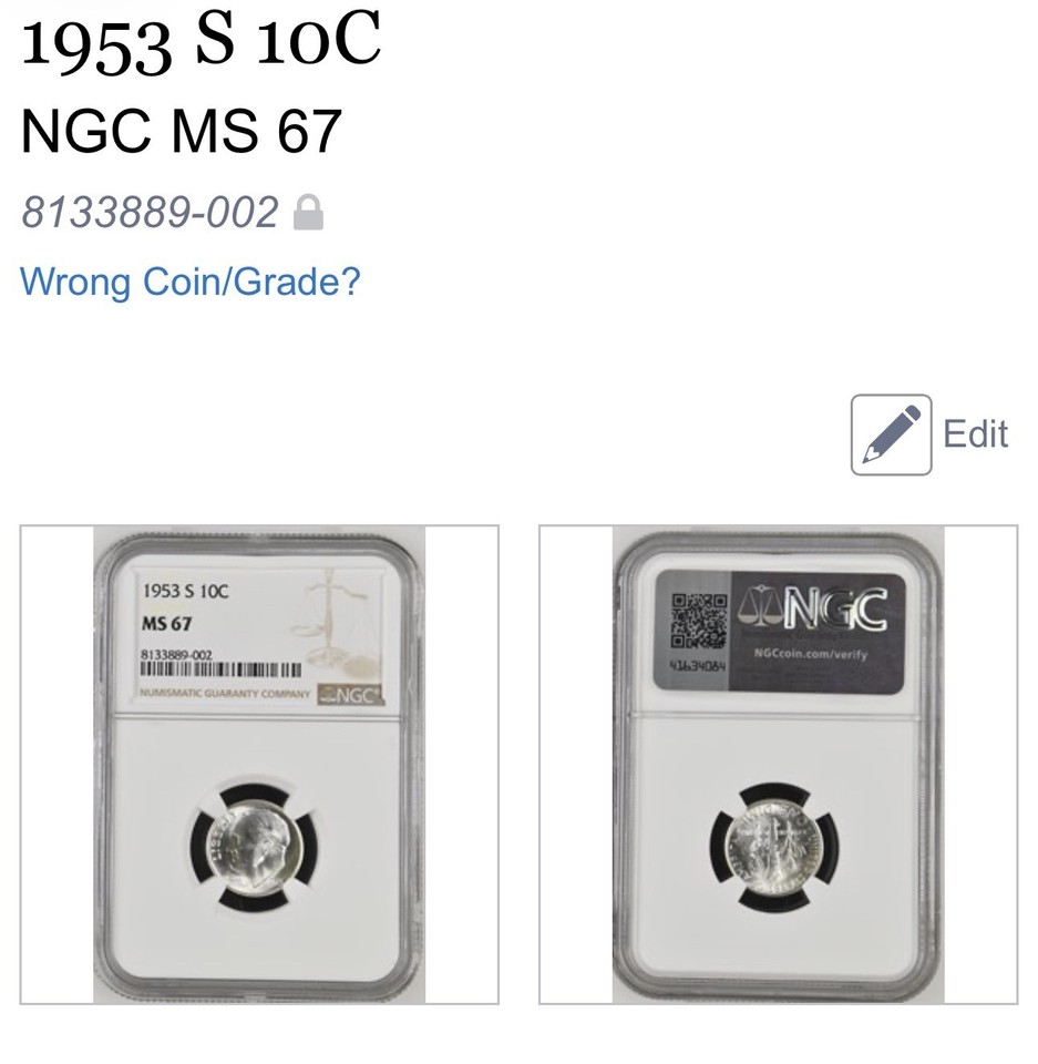1953 S Roosevelt Silver Dime NGC MS 67 Beautiful Bright White PQ No ...
