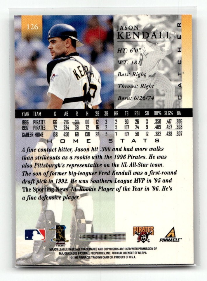 1998 (PIRATES) Pinnacle Home Statistics Back #126 Jason Kendall ...