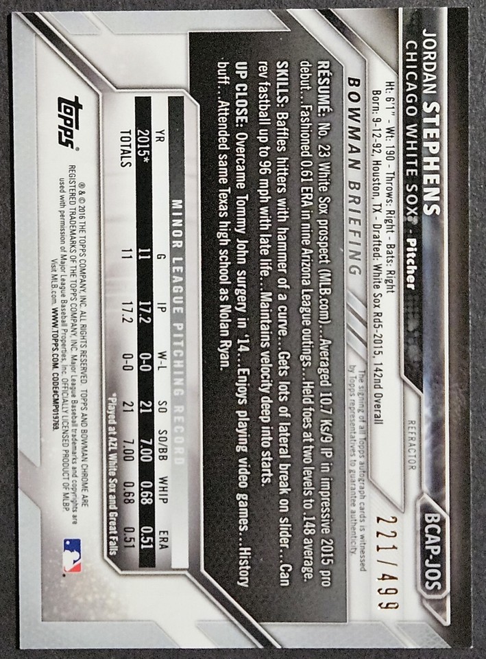 2016 Bowman Chrome Refractor Autograph #BCAP-JOS Jordan Stephens RC SP ...