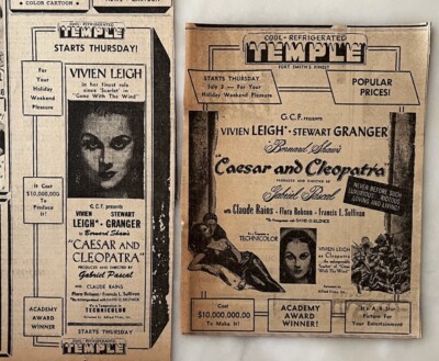 2 1952 newspaper ads for movie Caesar and Cleopatra - based on Shaw ...