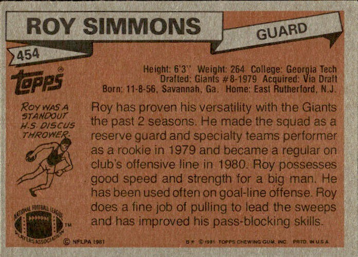 1981 Topps Football SET BREAK #454 Roy Simmons NMMT | eBay